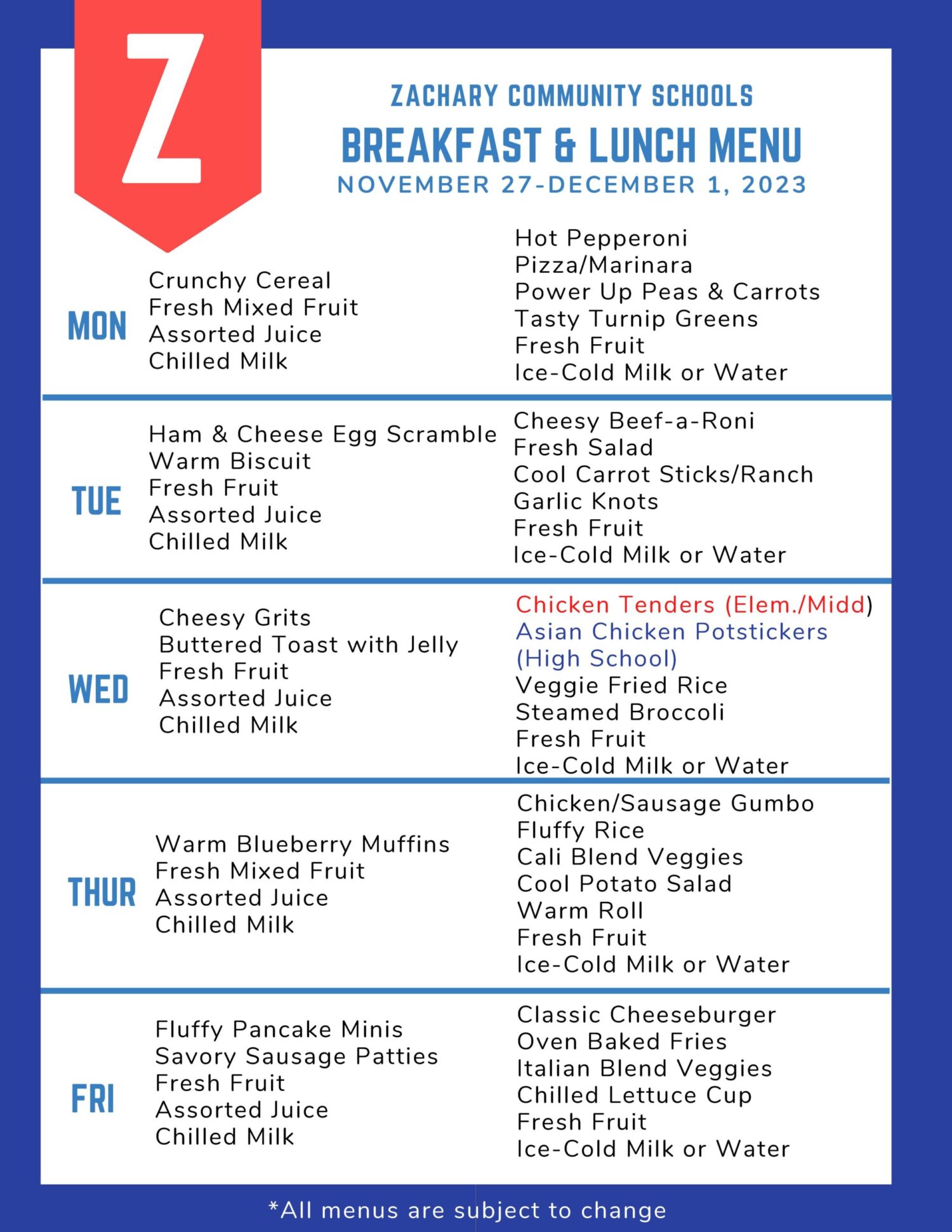 Menus – Zachary Community School District