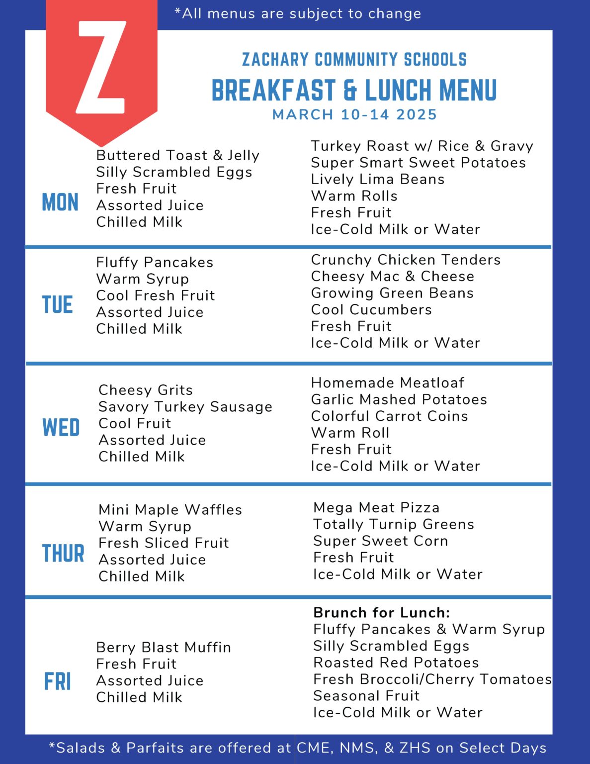 Menus – Zachary Community School District